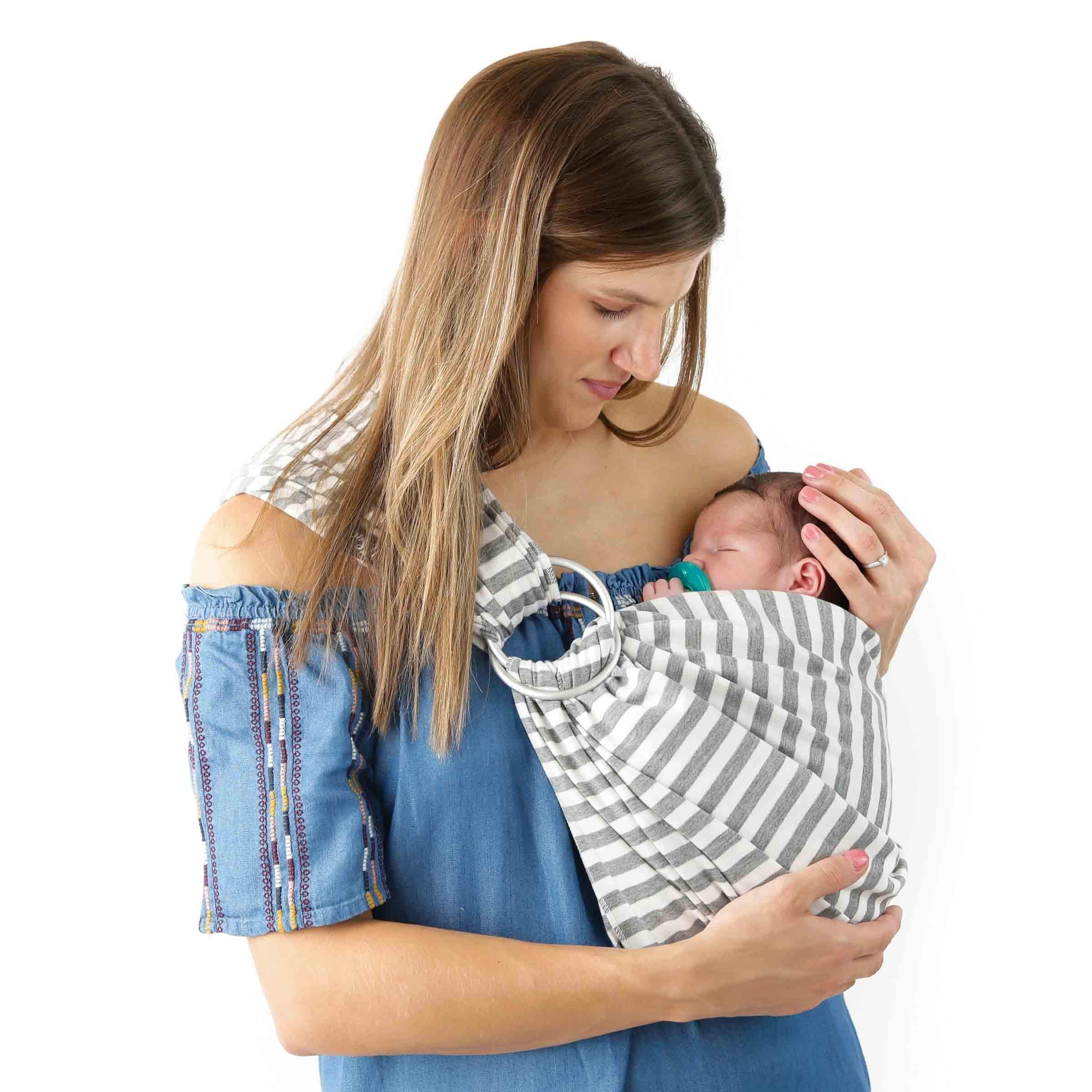 4 in 1 Baby Wrap Carrier and Diaper Caddy Organizer Bundle - Ring Sling- Grey and White Stripes Cotton