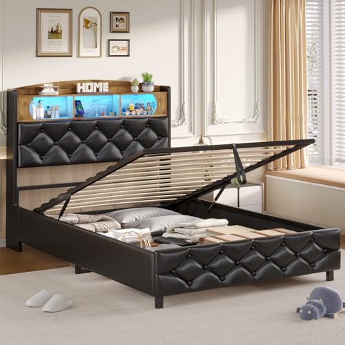 ADORNEVE Lift Up Storage Bed Frame Twin Size with LED Lights Headboard and Charging Station, Upholstered Storage Headboard, Hydraulic Storage, Solid Wood Slats Support, Noise-Free, PU Black