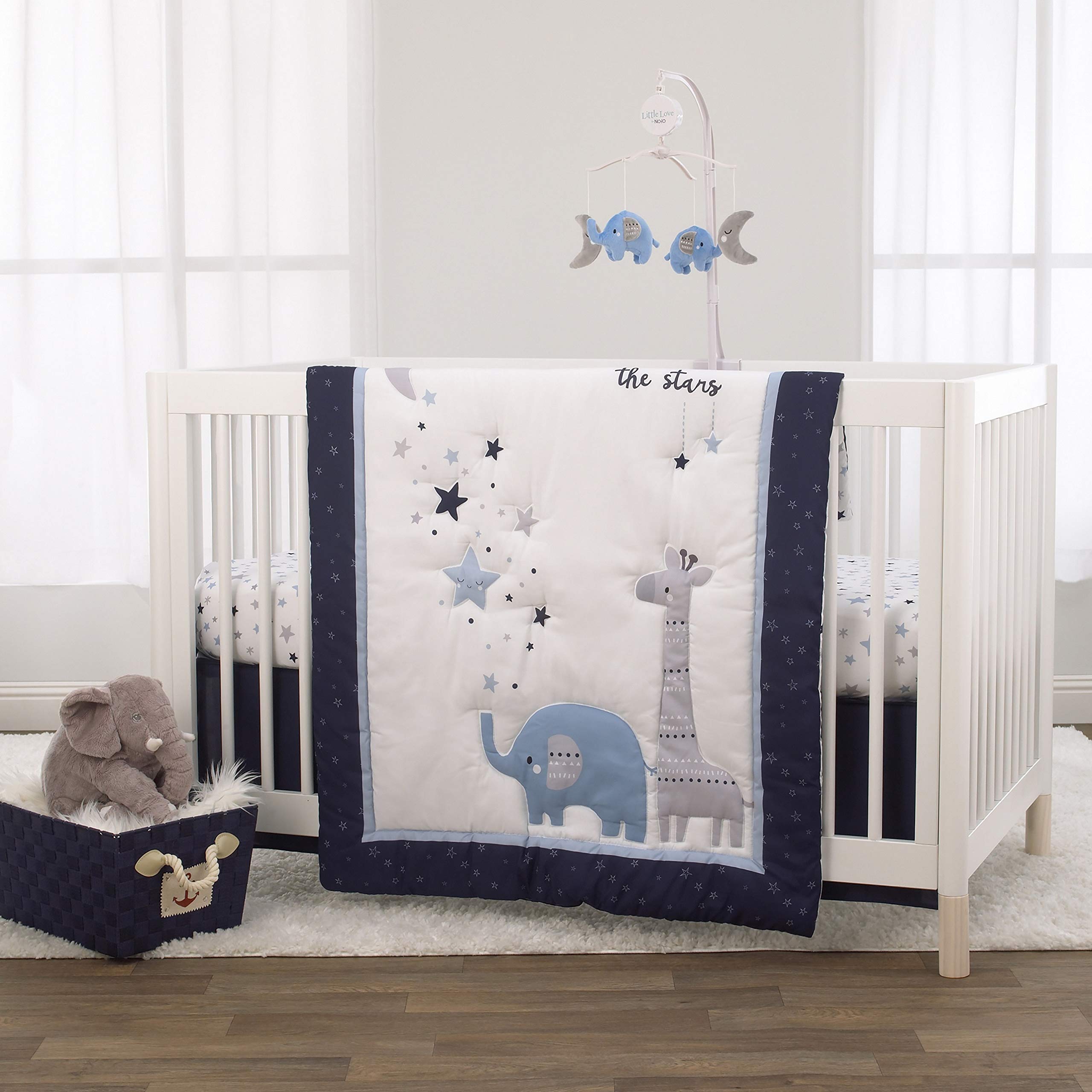 NoJo Shine On My Love - Boy Elephants & Moons Light Blue & Grey Musical Mobile, Navy, Light Blue, White