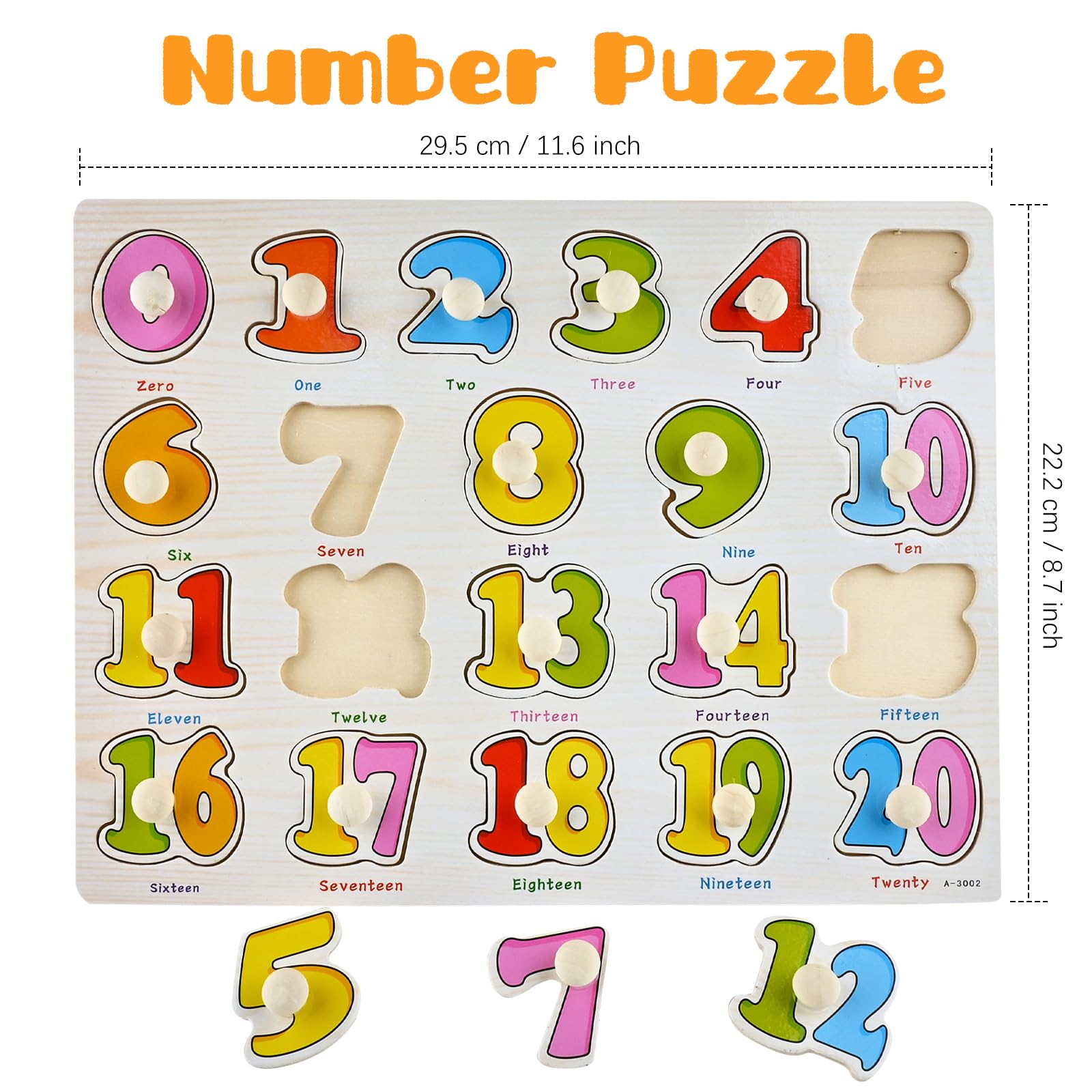 3 Pack Wooden Peg Puzzles for Toddlers 1-5, Alphabet Number Shape Blocks Preschool Educational Pegged Board for Kids 1 2 3 4 5 Years Old Gifts