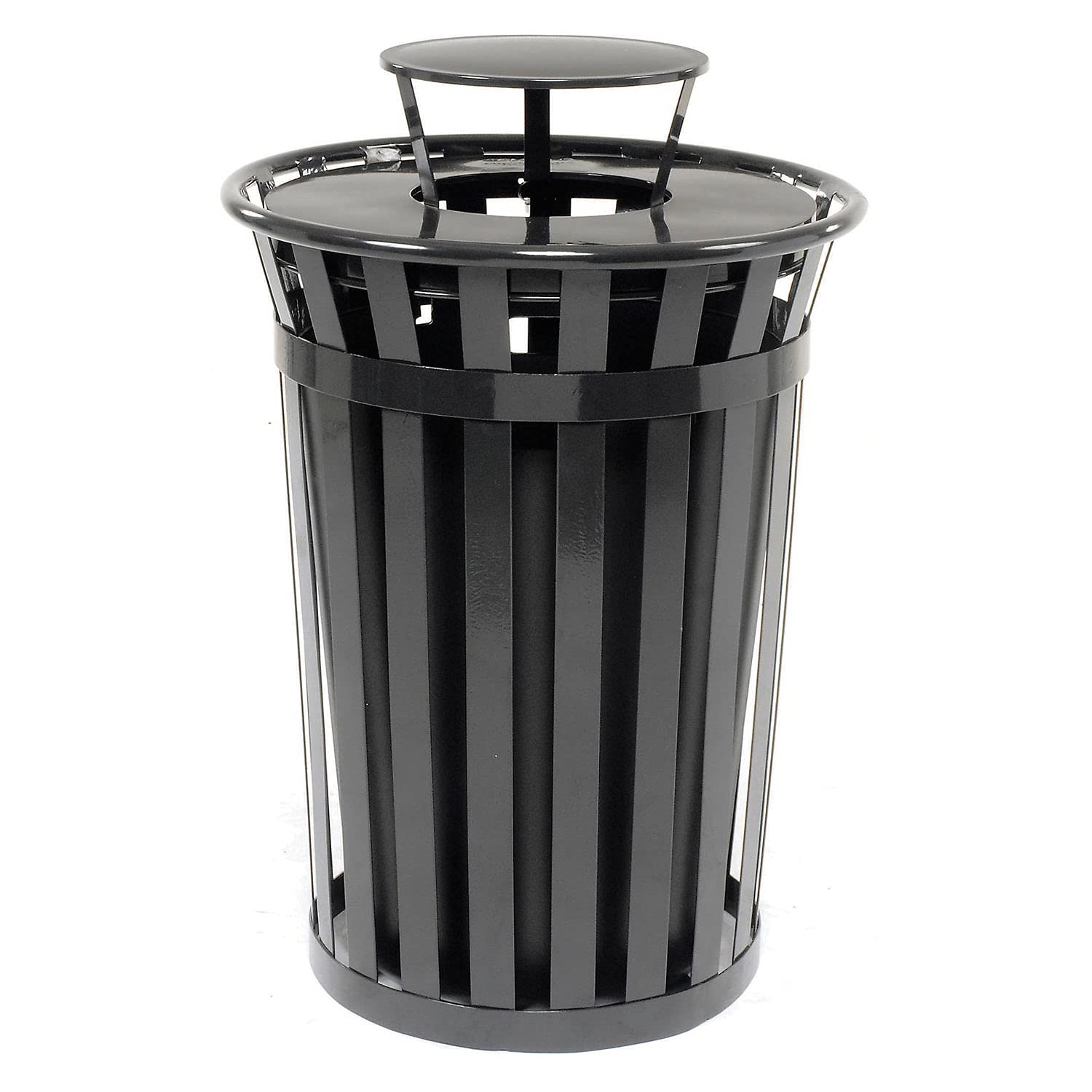Global Industrial 36 Gallon Outdoor Metal Slatted Trash Receptacle with Rain Bonnet Lid, Black