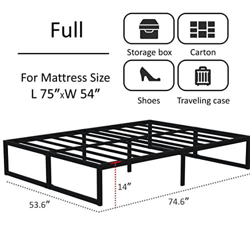 Lutown-Teen 14 Inch Full Size Bed Frame No Box Spring Needed, Heavy Duty Metal Platform Beds with Sturdy Steal Slats for Mattress Foundation, Easy Assembly, Noise Free, Black