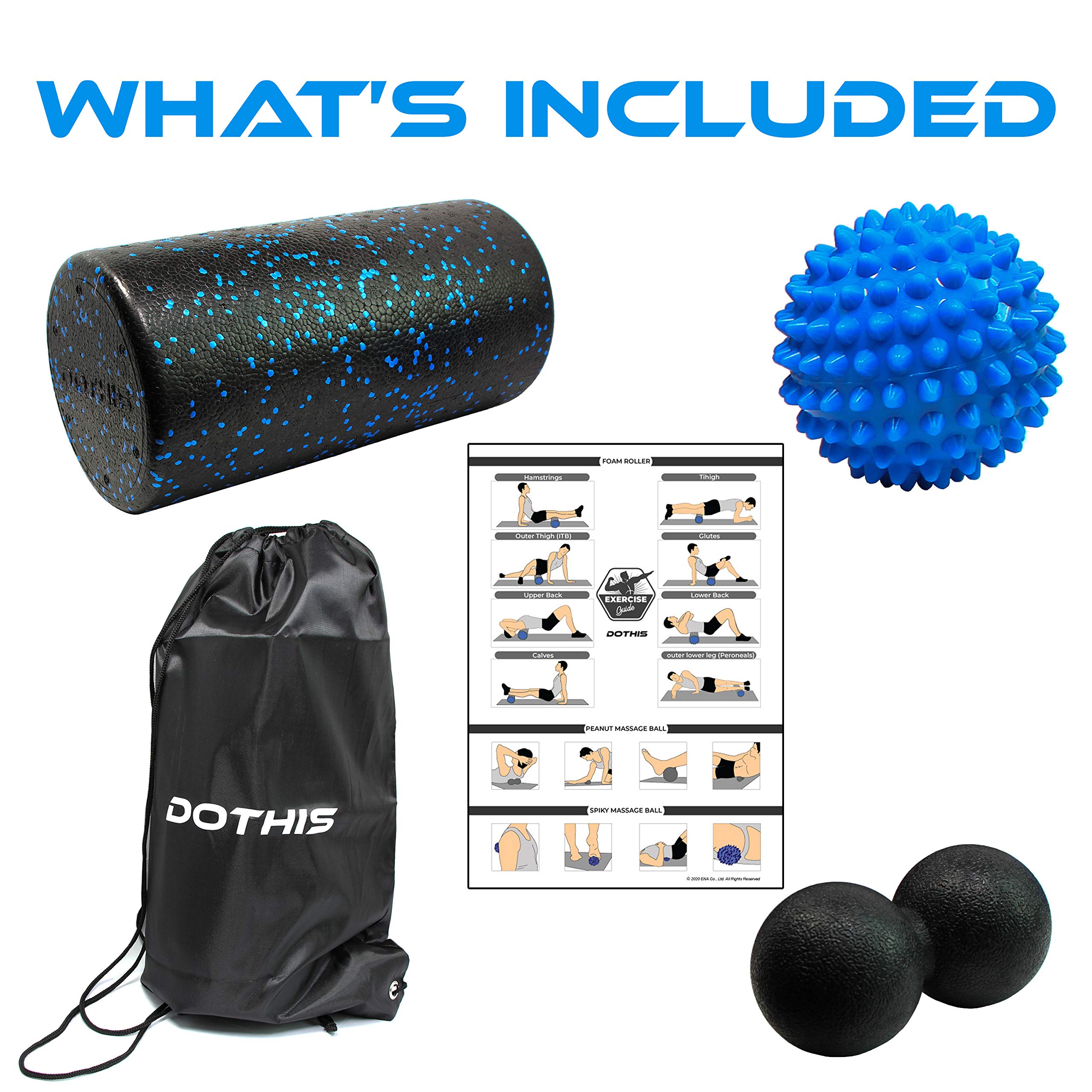 4 in 1 Foam Roller with Spiky and Peanut Massage Ball - Back-Roller with Massager Balls, Speckled Firm Muscle Rollers for Physical Therapy, Pilates, Yoga, Workout, Stretching, Balance & Core Exercises