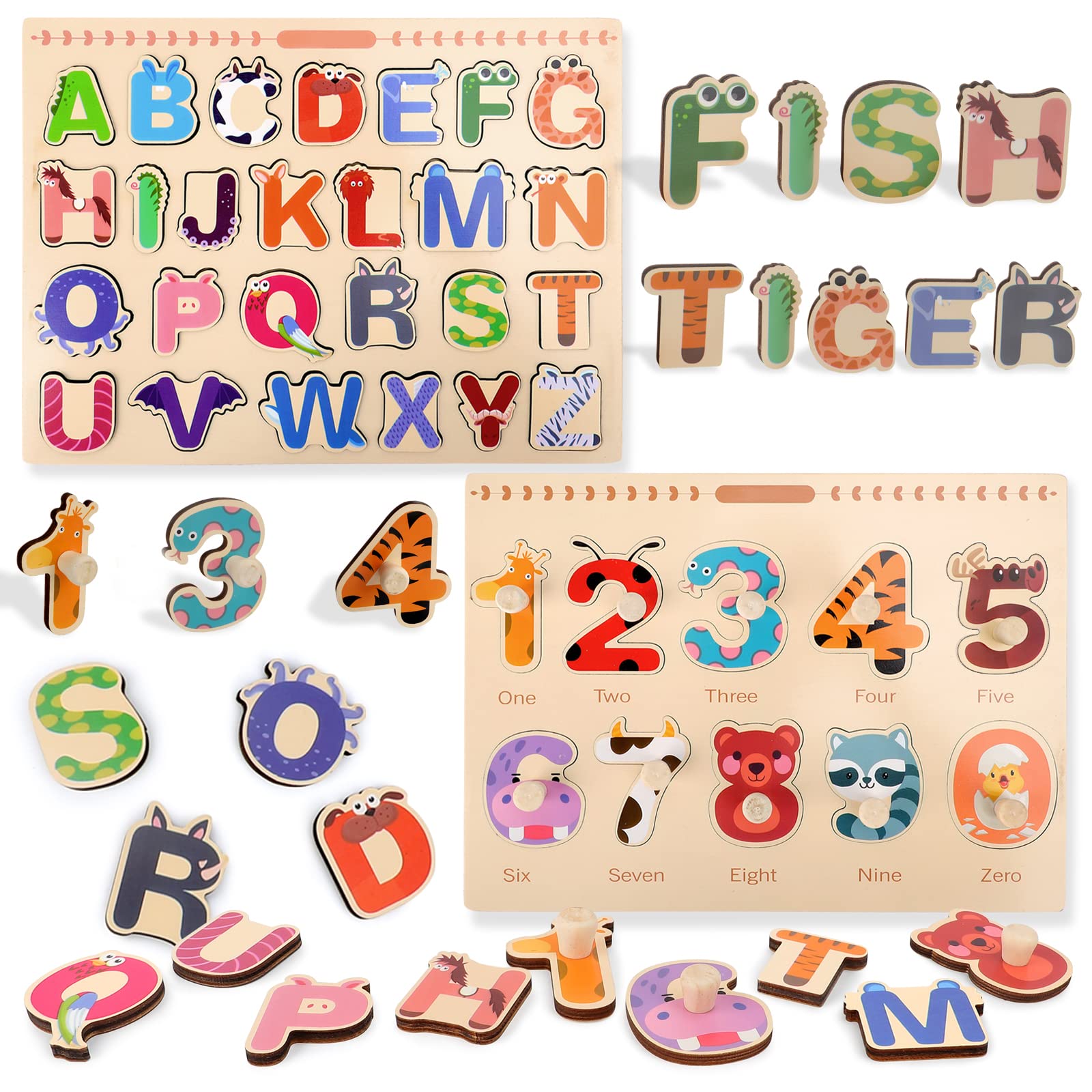 Aomola Wooden Puzzles for Toddlers,Alphabet ABC Puzzle Numbers Puzzle Set,Kids Educational Preschool Pegged Puzzles,Learning Toys Gift for 3 Year Old and Up Boys and Girls