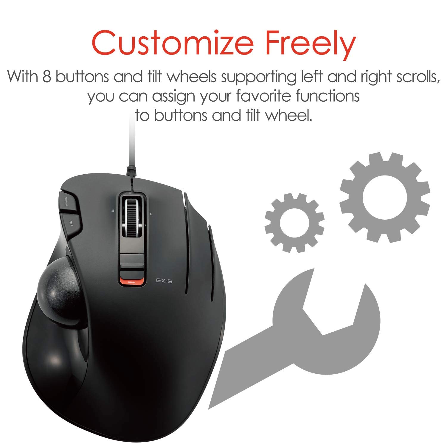 ELECOM EX-G Wired Trackball Mouse, Ergonomic, Thumb Control, Smooth Tracking Roller Ball, 6 Programmable Buttons, Tilt Scroll Computer Mice for PC Mac