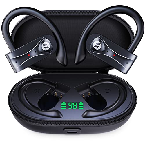 Anypub Wireless Earbuds 4 Mic Clear Call Bluetooth Headphones with Wireless Charging Case 60H Playback Over Ear Earphones Bass Stereo in Ear Buds LED Display Waterproof Earhooks for Sport Running