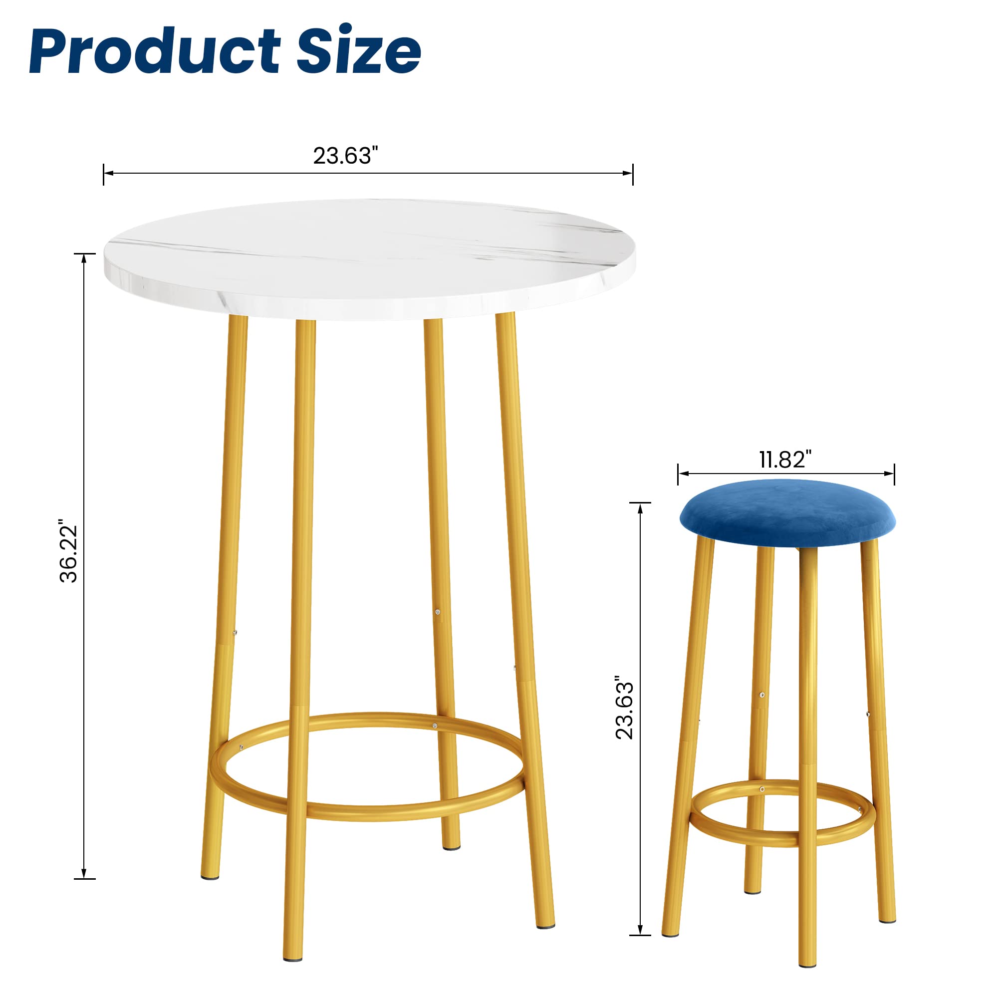 AWQM 3 Piece Bar Table Set, Round Pub Dining Set with Golden Metal Frame, Velvet Bar Stools, Ideal for Breakfast Nook, Kitchen, Small Spaces