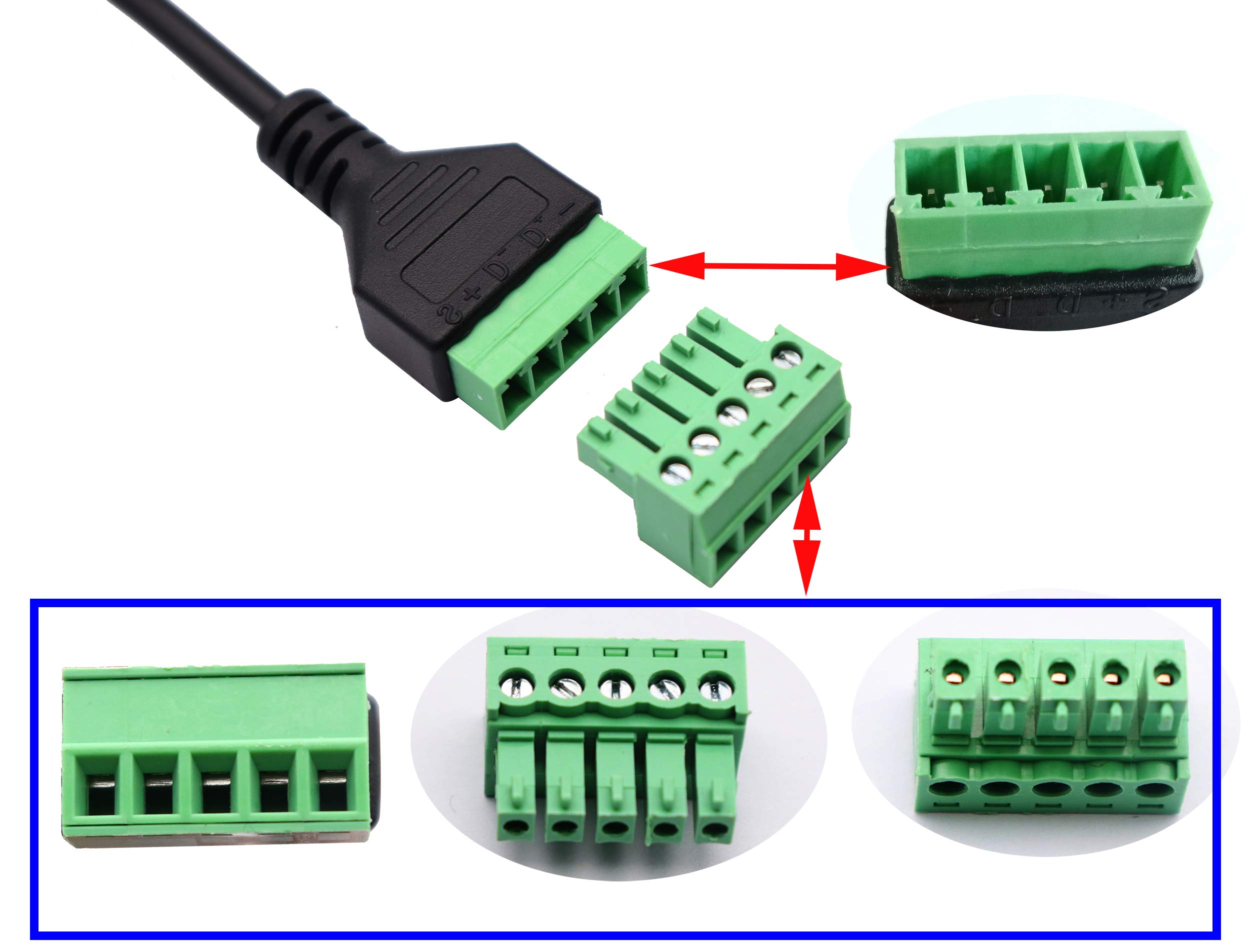 zdyCGTime USB 2.0 A Screw Terminal Block Connector Cable USB 2.0 A Male Plug to 5 Pin/Way Female Bolt Screw with Shield terminals Pluggable Type Adapter Connector Converter Cable(30CM/2Packs(Male)