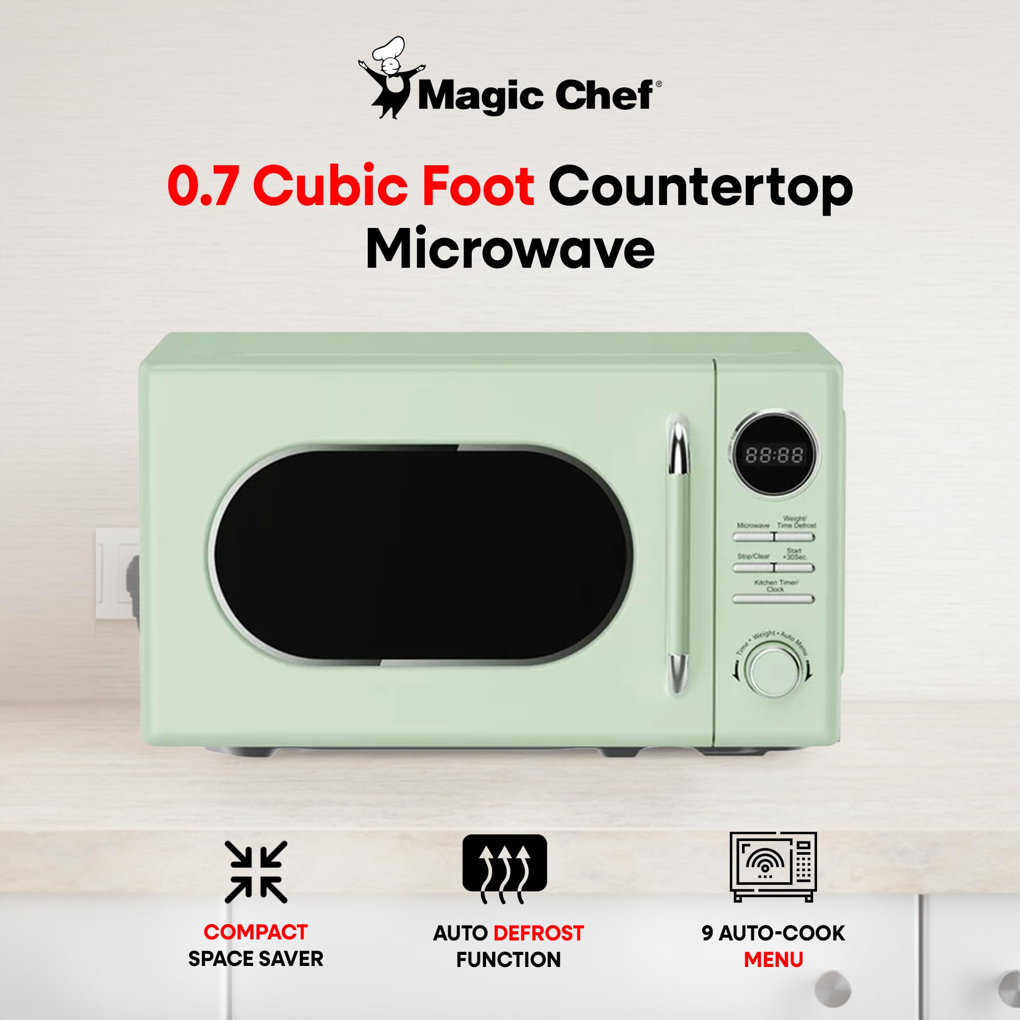 Magic Chef 0.7 Cubic Feet 700 Watt Classic Retro Touch Countertop Microwave with 10 Power Levels, 9 Auto Cook Menus, and Glass Turntable, Black