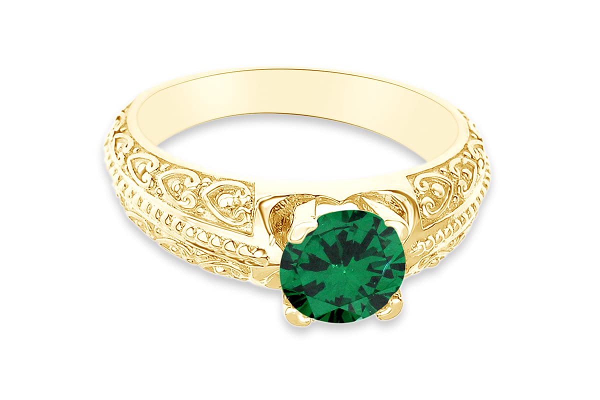 AFFY Round Shape Simulated Emerald In 14K Yellow Gold Over 925 Sterling Silver Ring Size 11.5