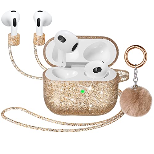 Airpods Case, DMMG Airpods 3 Case Cover Silicone Skin for Girls Women,AirPods Protective Cute Bling Glitter Case with Fluff Ball Keychain,Scratch Proof for Airpod 3rd Generation (Rose Gold)