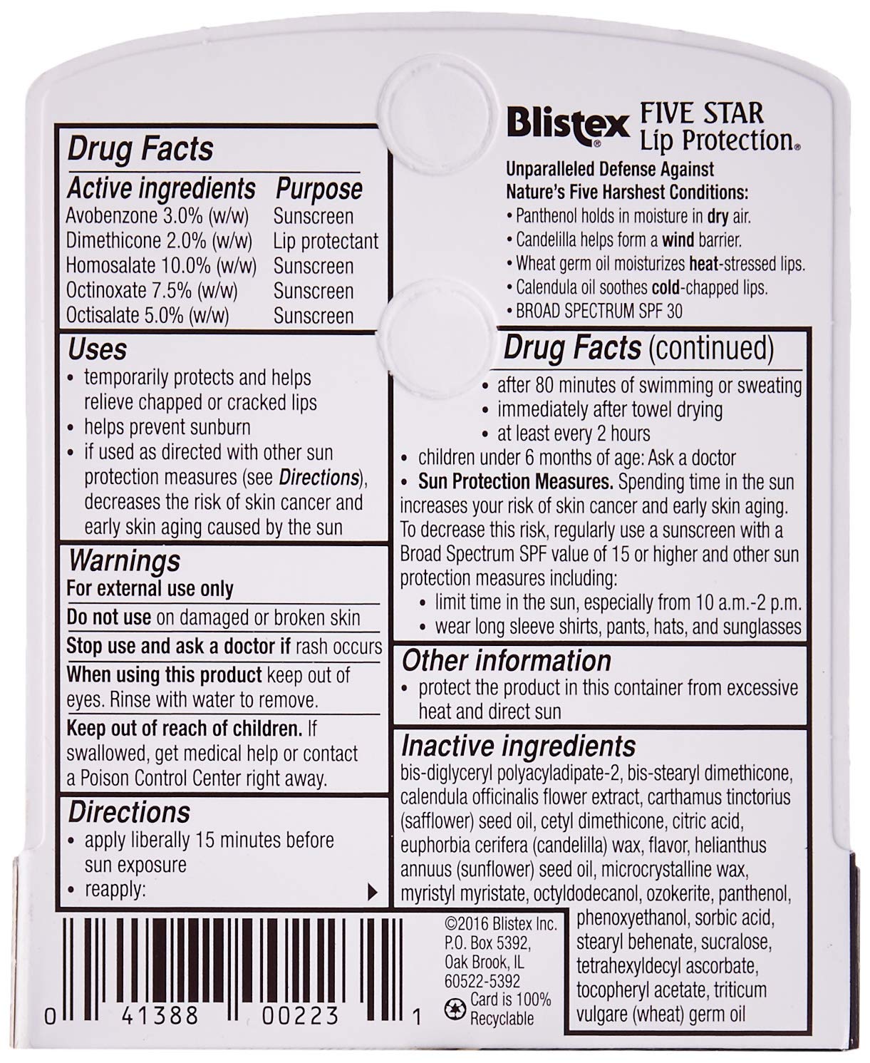 Blistex Five Star Lip Protection Lip Protectant/Sunscreen SPF 30 0.15 OZ - Buy Packs and SAVE (Pack of 6)