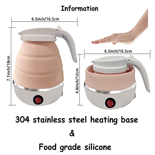 Foldable Portable Electric Kettle with Food Grade Silicone, 9 Mins Fast Water Boiling Tea Pot Coffee Pot for Camping or Travel, Collapsible Kettle with Separable Power Cord 110V US Plug 600ML Pink