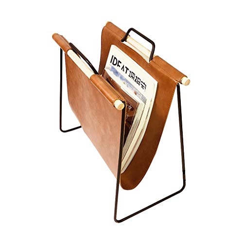 Magazine Rack, Wrought Iron Wood Newspaper Rack Home Debris Storage Rack Modern Floor Rack Study Leather Bookshelf Cafe Sofa Magazine Rack (Color : Brown, Size : 22 * 39 * 40cm)
