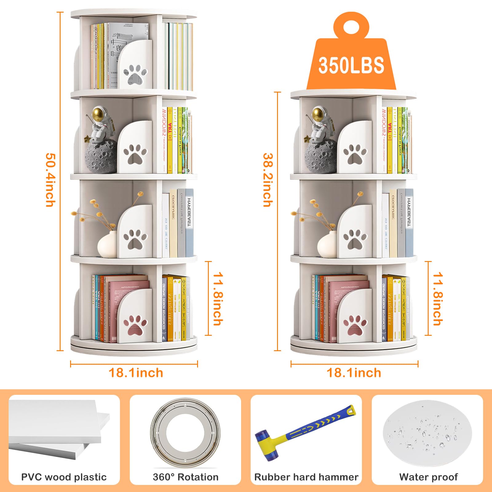360°Rotating Bookshelf 4-Tier Large Capacity 18" Diameter Kids Bookshelf PVC Plastic Display Cabinet,Corner Bookcase Space Saving Round Spinning Storage Rack With Small Silicone Hammer (4-Tier)