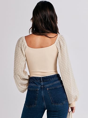 ANRABESS Rompers for Women Sheer Swiss Dot Puff Sleeve Square Neck Bodysuit Fall Casual Long Sleeve Dressy Leotard Top 1071xingse-L