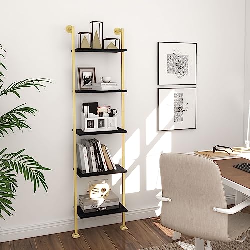 Axeman 5-Tier Ladder Bookcase, Tall Narrow Bookshelf for Small Spaces, Modern Book Storage Organizer Case Open Shelves for Bedroom, Living Room, Office, Library, Gold Metal Frame and Black Shelf