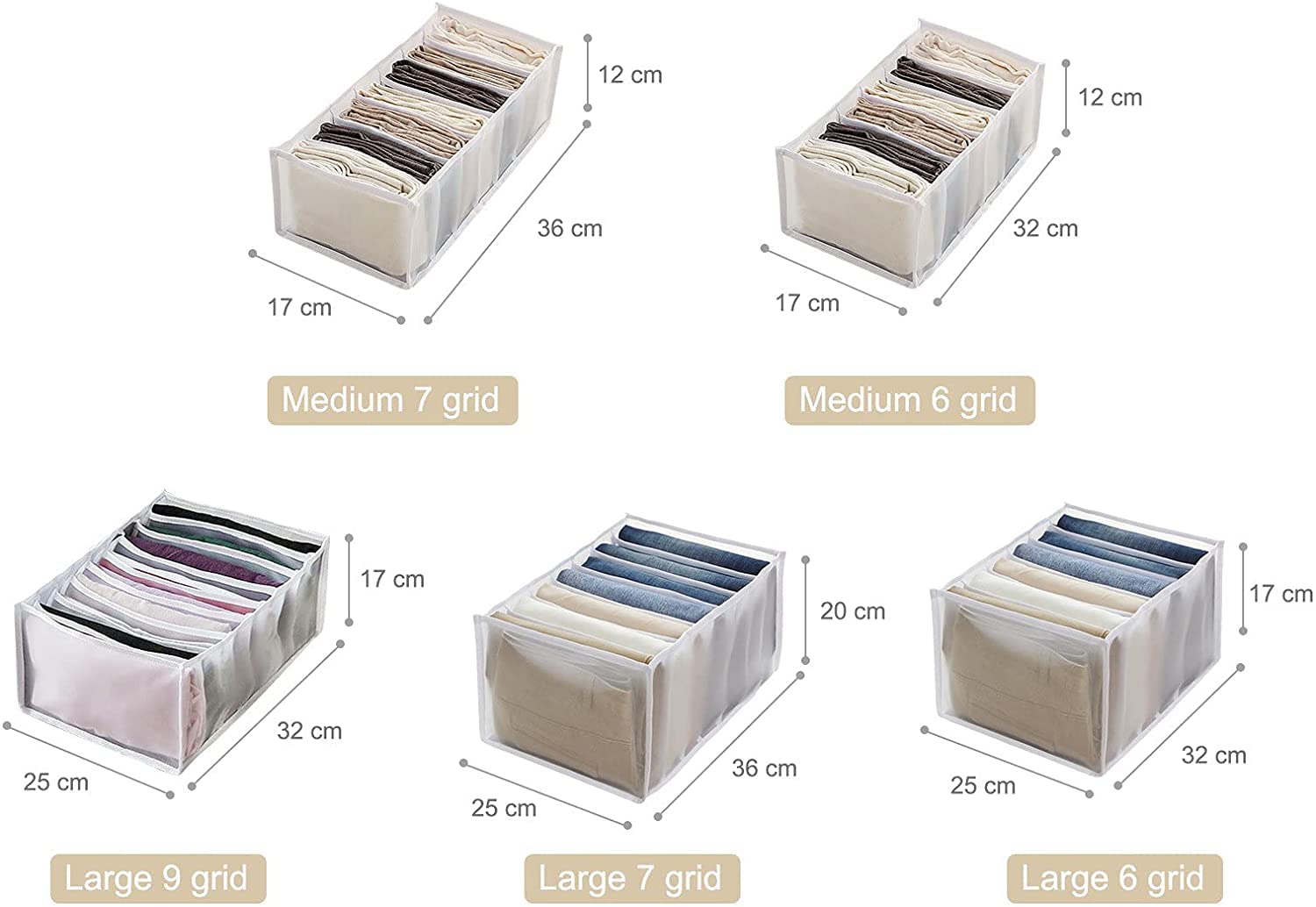 Aoser Wardrobe Clothes Organizer(5pcs), 7 Grids Washable Wardrobe Clothes Organizer, Jeans Compartment Storage Box, Closet Organizers (1 Set of Mix)