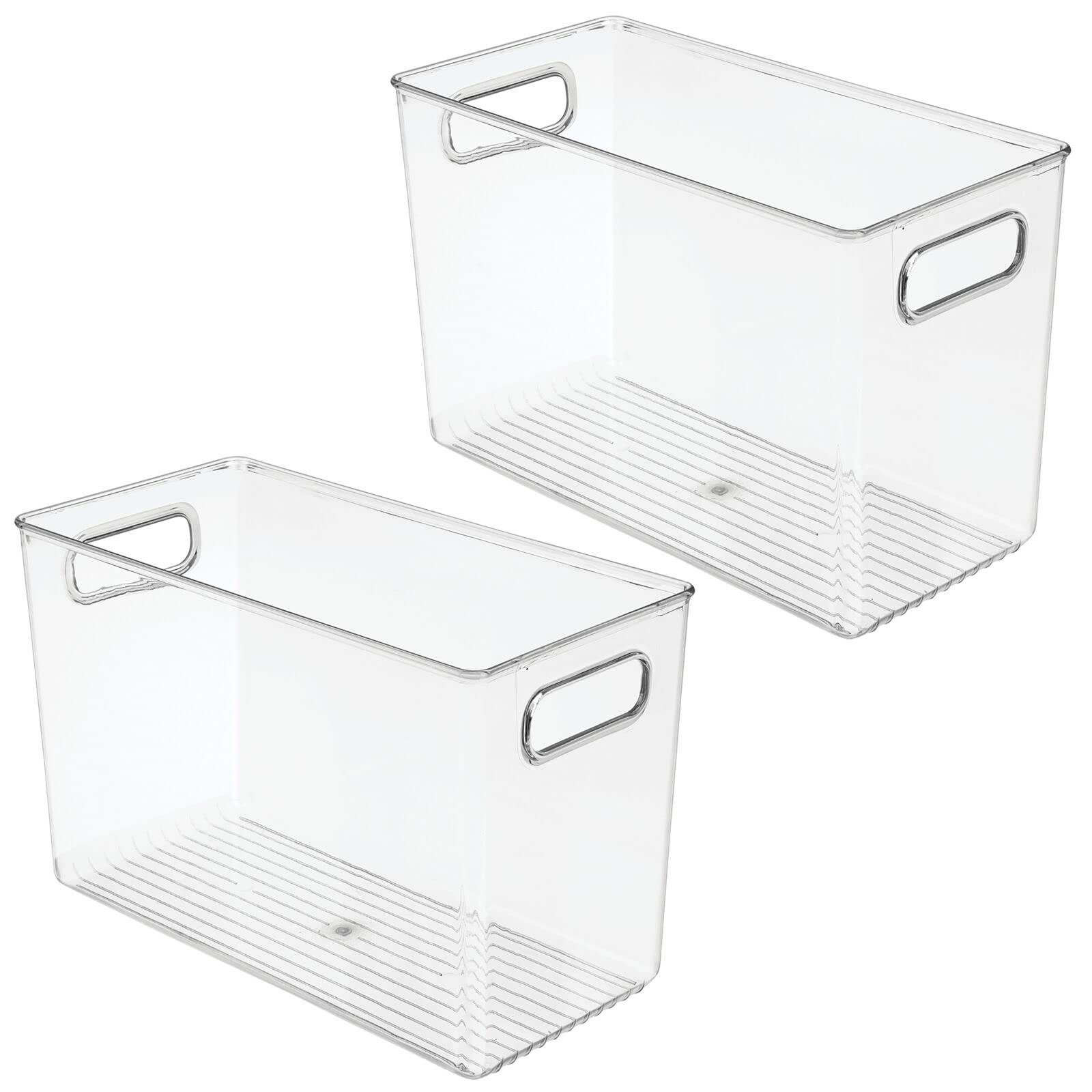 mDesign Plastic Storage Box – Narrow Open-Top Fridge Organiser Tray with Handle – Can Be Used as Fridge Tray, Shelf Box or for Cupboard Storage – Pack of 2 — Clear