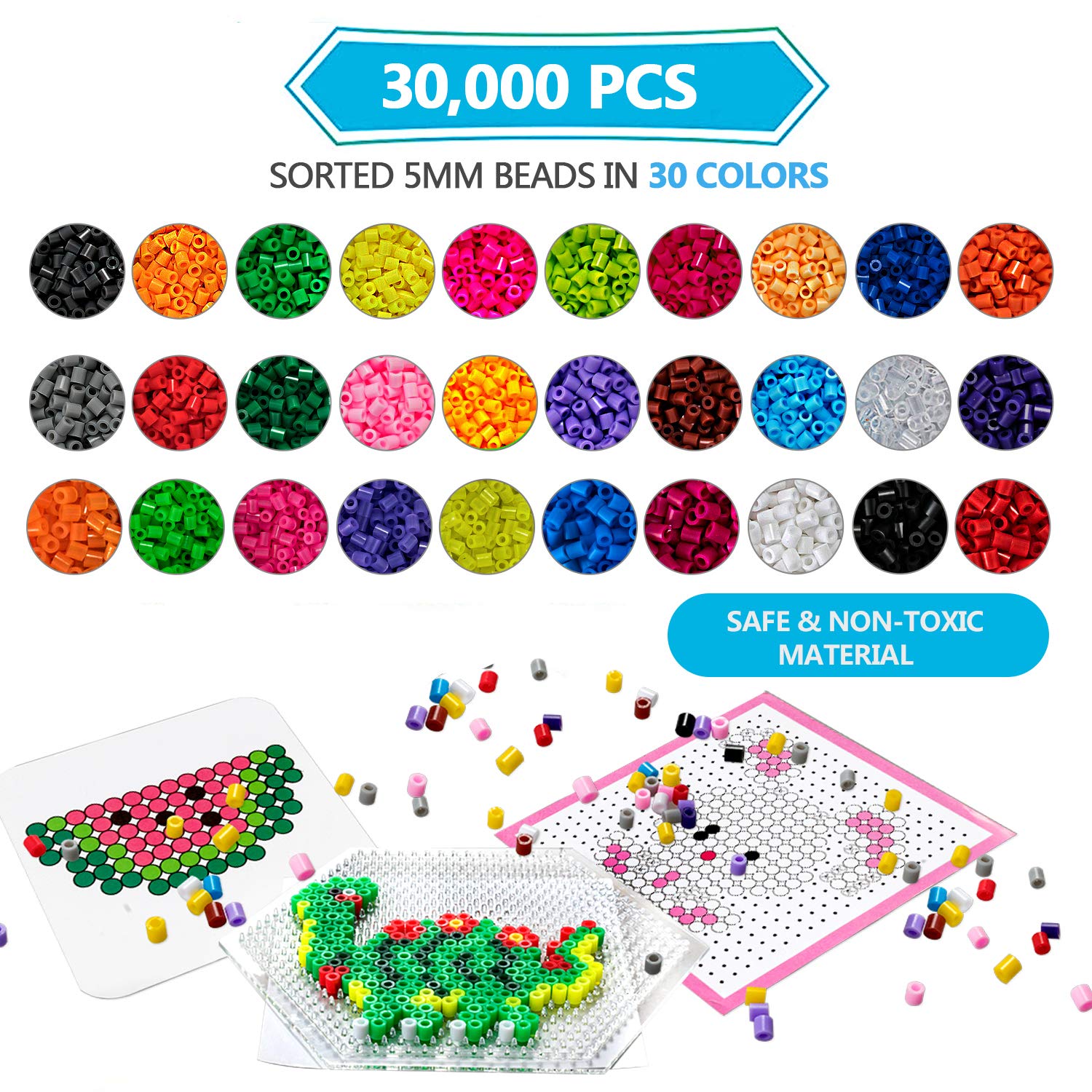 30,000 pcs Fuse Beads Kit 30 Colors 5MM for Kids, Including 10 Ironing Papers,48 Patterns, 7 Clear Pegboards, Tweezers, Perler Beads Compatible Kit