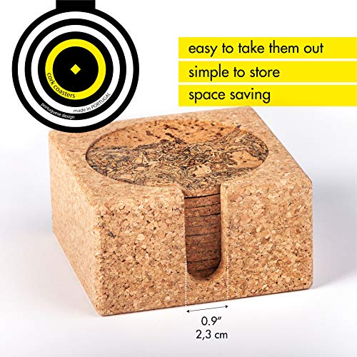 Natural Cork Coasters for Drinks – 10 Absorbent Drink Coasters with Matching Cork Holder That Doubles as a Bottle Coaster to Protect Tables and Countertops