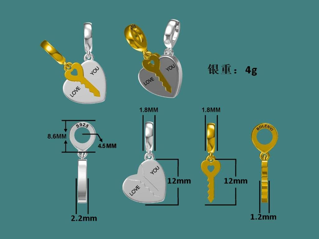 2pc Love You Heart Key Matching Couples BFF 925 Sterling Silver Charm Bead For Pandora & Similar Charm Bracelets or Necklaces