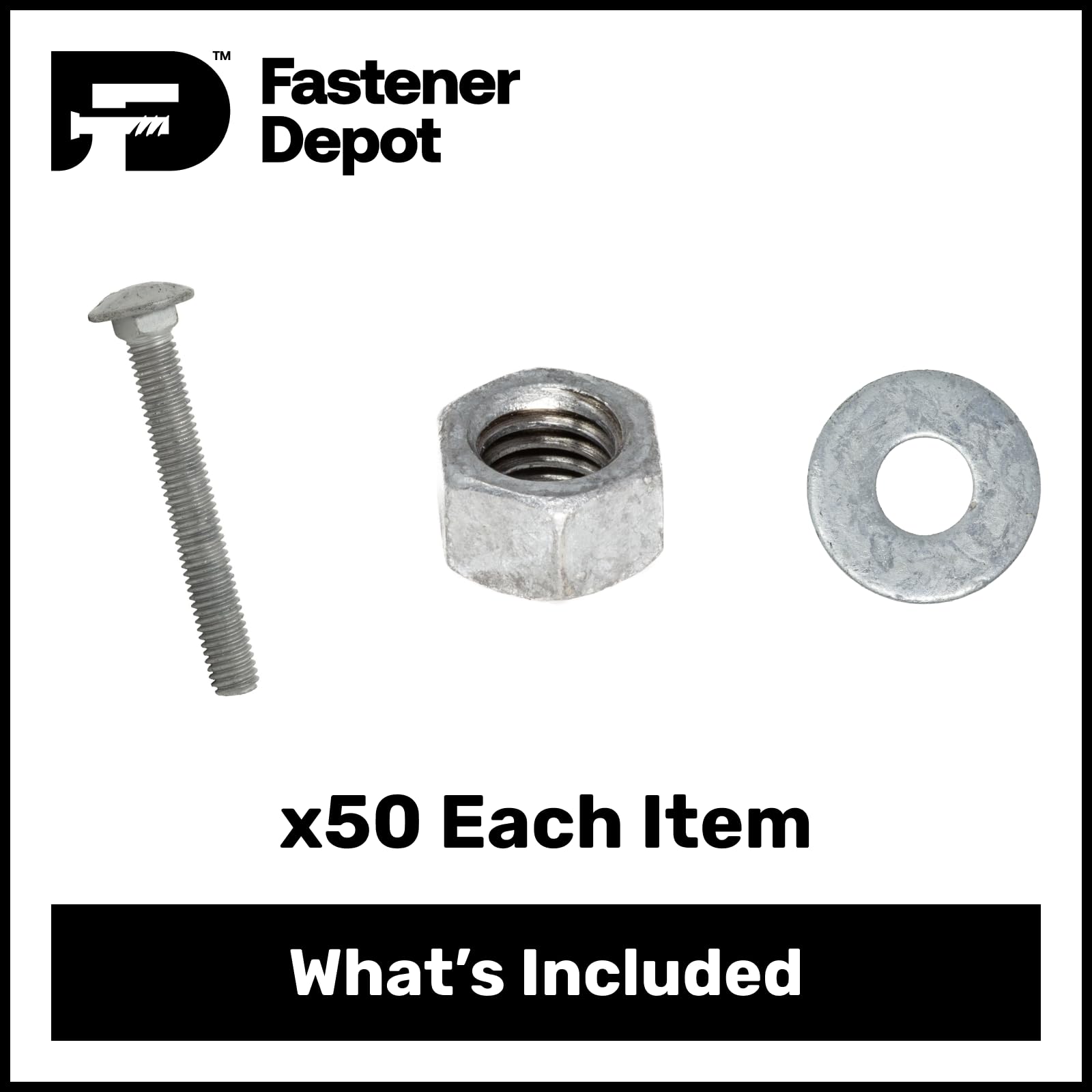 FASTENER DEPOT 3/8inches-16 x 4-1/2inches Hot Dipped Galvanized Carriage Bolt w/Nuts & Flat Washers, Grade A, Full Thread, Quantity 50 - by Fastener Depot, LLC