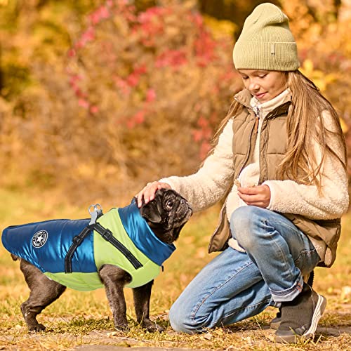 BAEJMJK Dog Reflective Winter Coat with Harness Warm Cold Weather Jacket for Small Medium Dogs Zip Up Turtleneck Puppy Vest with D-Ring Waterproof Windproof Dog Winter Clothes(Blue,2X-Large)