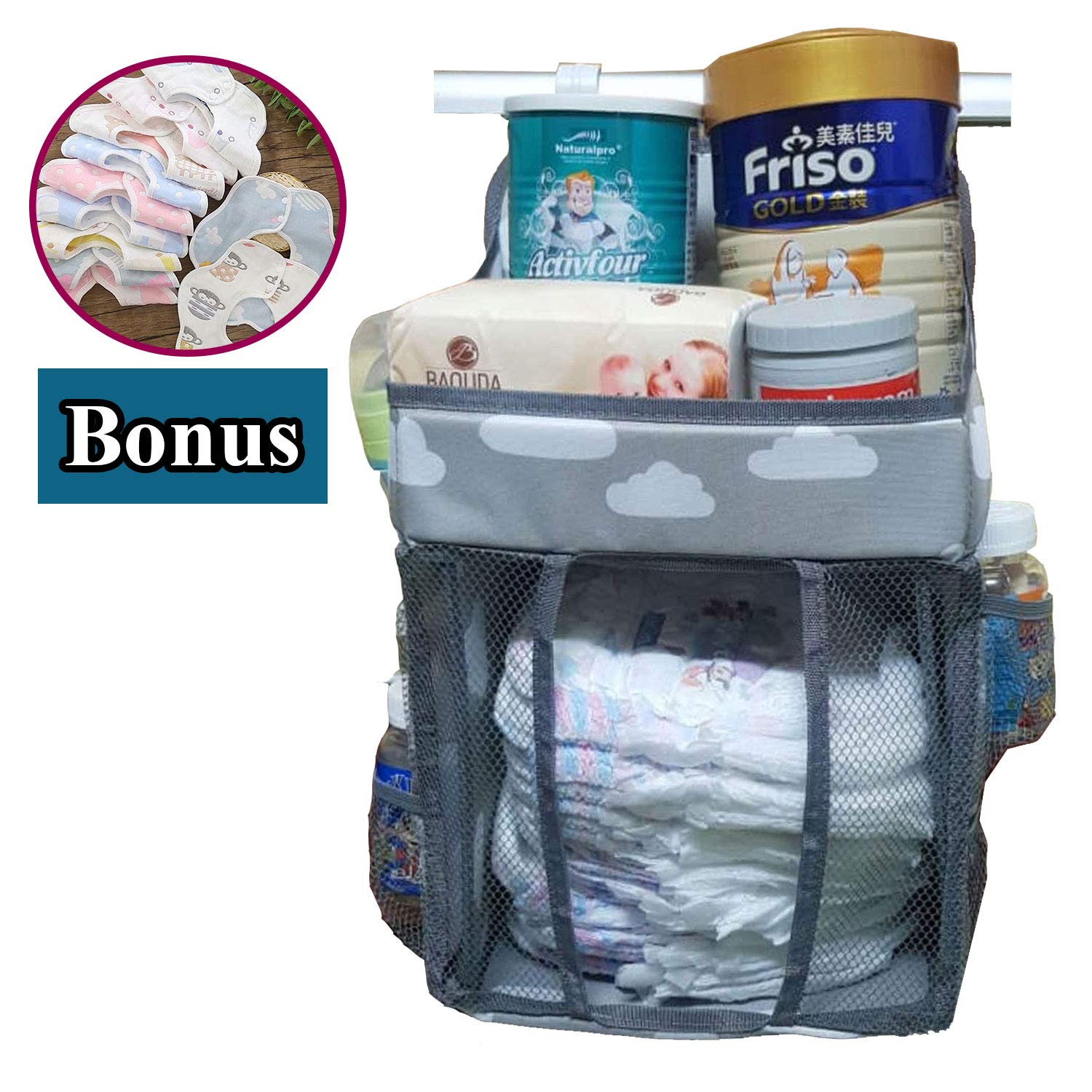 SC Printing World Hanging Diaper Caddy Organizer with Bibs Changing Table Diaper Stacker for Crib Storage, Playard and Nursery Organisation