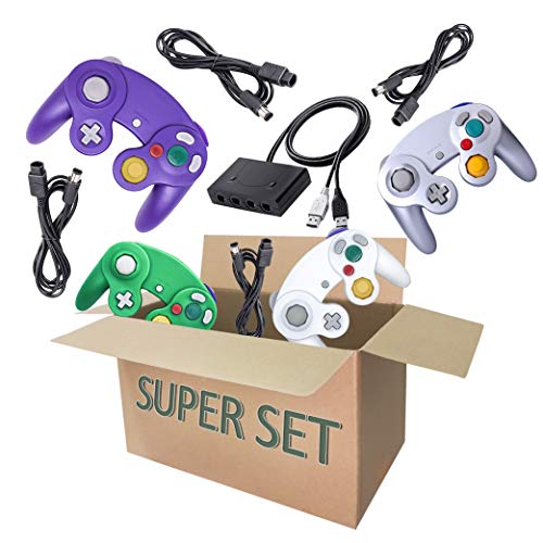 4 Controller for Gamecube, with 4 Extension Cords and a 4-Port Gamecube Adapter for Wii U/Switch/PC - Cool Tone