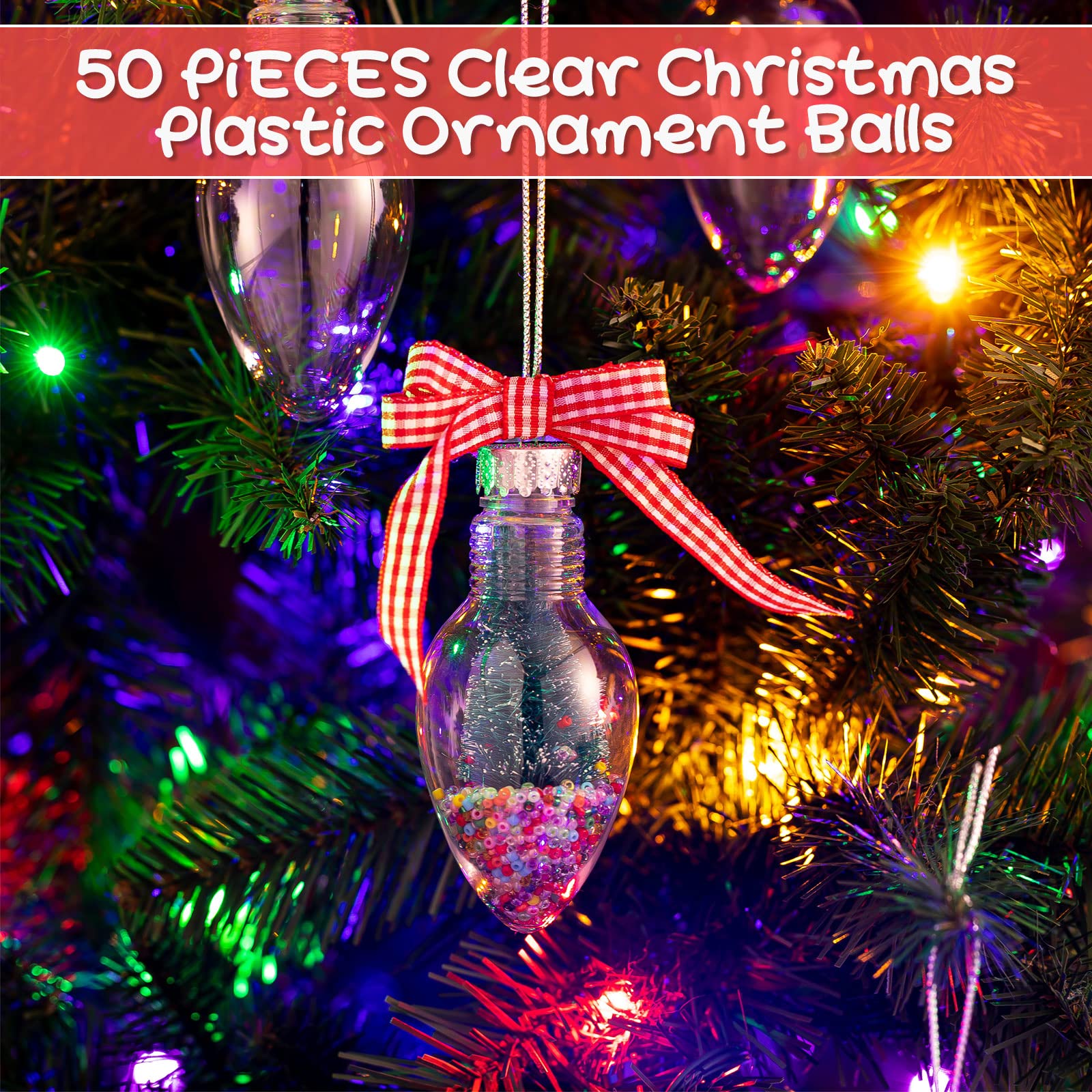 4 Inch Fillable Light Bulb Shape Clear Christmas Plastic Ornaments with Removable Cap and 20 Yards Gingham Ribbon Clear Xmas Hanging Ornaments for DIY Crafts Xmas Tree Decor (Silver, 50)