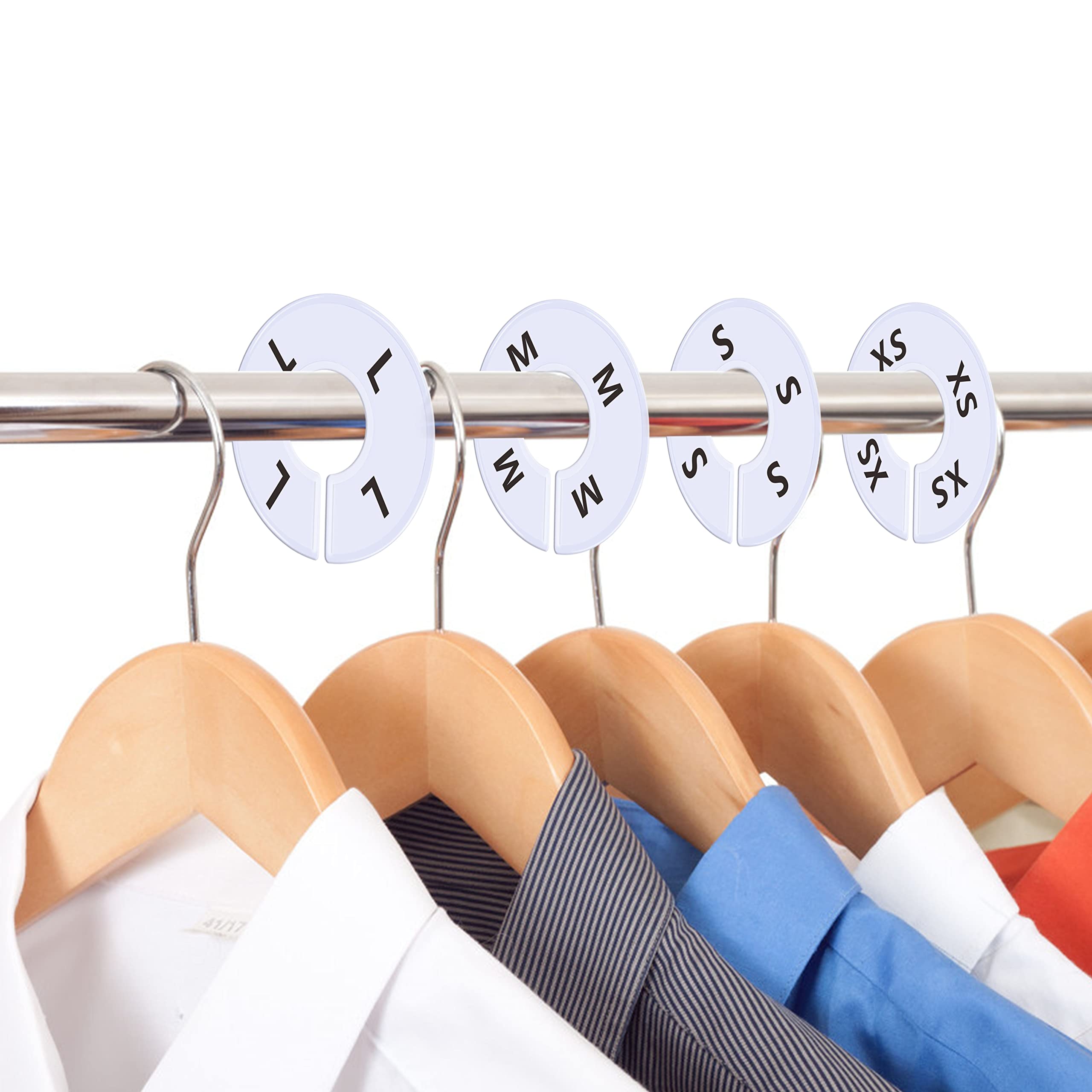 40 Pack Round White Plastic Clothing Size Closet Rack Dividers Hangers, Preprinted in 8 Sizes XXS, XS, S, M, L, XL, XXL, XXXL (Outer 3.5β, Inner Diameter 1.38β)