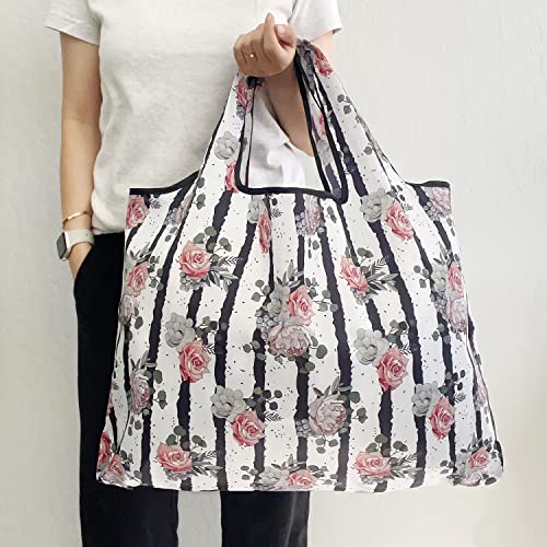 allydrew Large Foldable Tote Nylon Reusable Grocery Bags, 3 Pack, Vintage Flowers