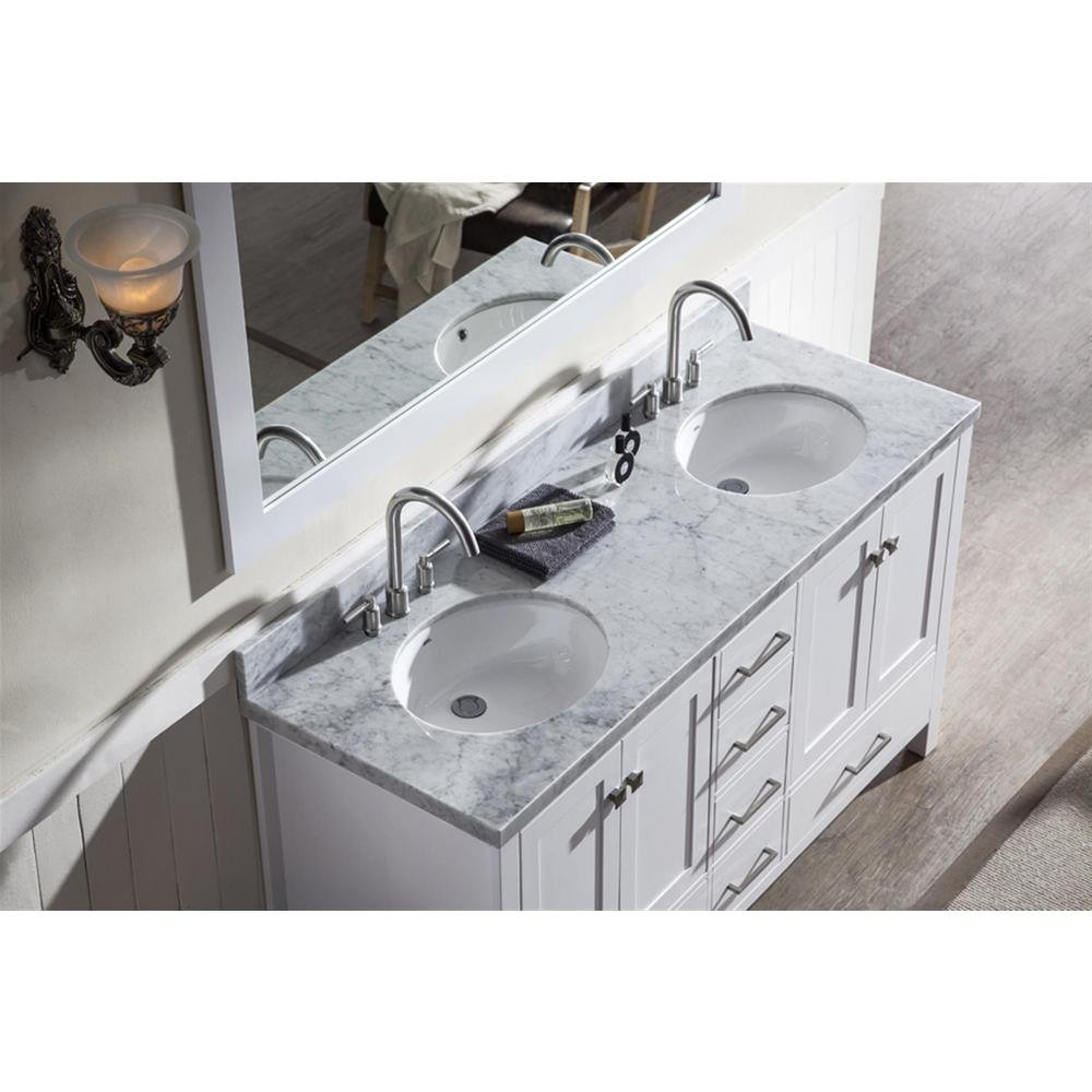 ARIEL Cambridge A061D-VO-WHT 61" Inch Double Oval Sink Solid Wood White Bathroom Vanity with 1.5" Inch Edge Carrara Marble Countertop