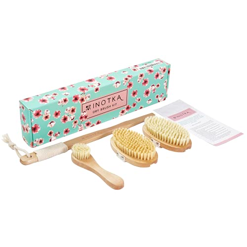 Vegan Dry Brush for Cellulite and Lymphatic Drainage Massage, Natural Firm and Soft Brushes, Cactus Bristles, Dry Skin for Face and Body Set for Brushing, Scrub with Handle