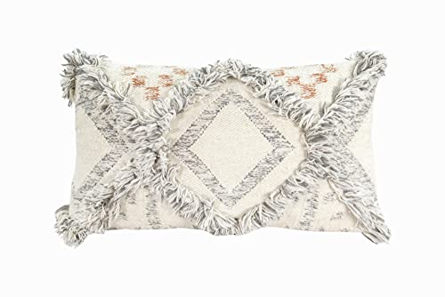 Creative Co-Op Wool Cream Kilim Pillow with Grey Fringe Accents