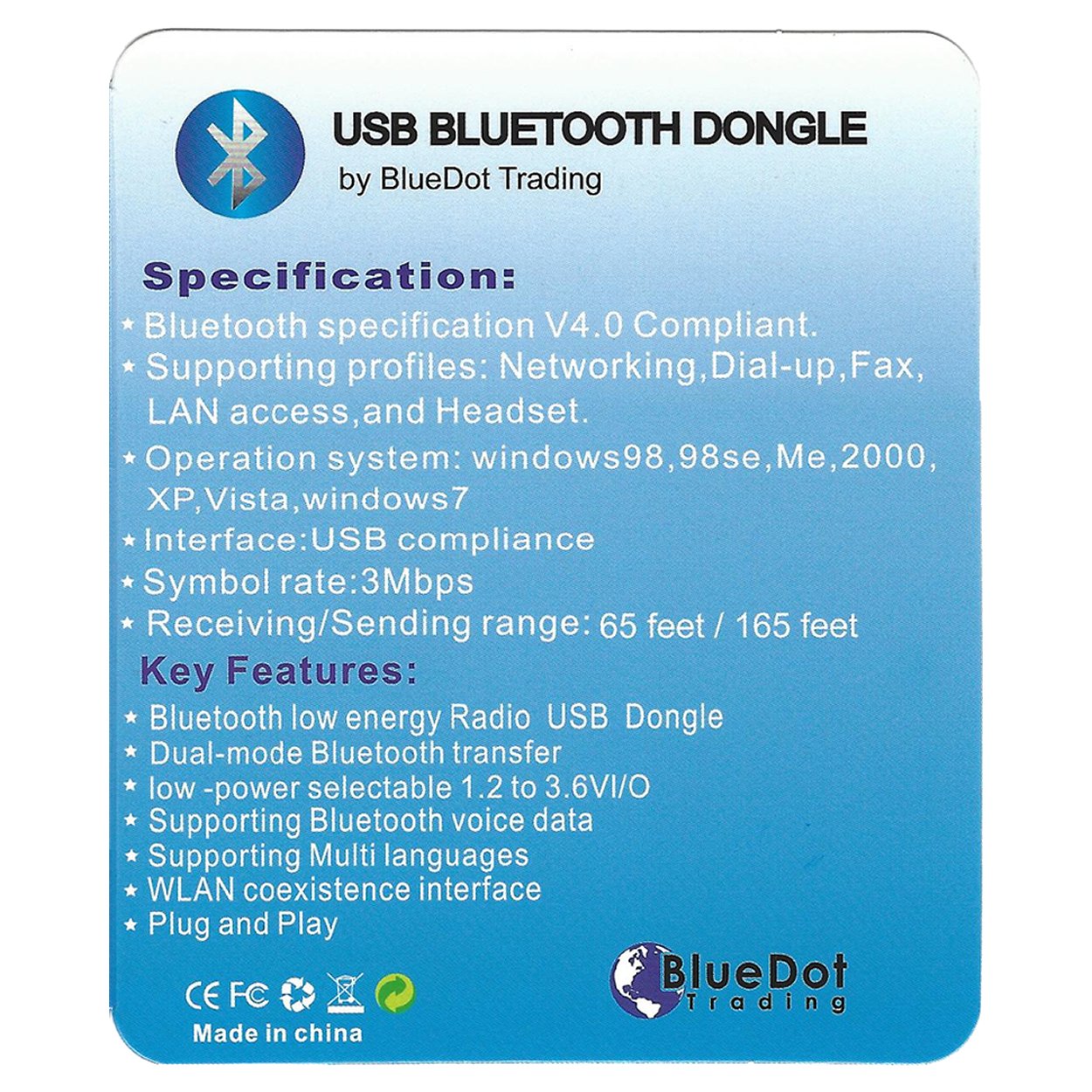 BlueDot Trading Mini Bluetooth Smart Low Energy Dongle Adapter, CSR 4.0 CSR4.0 Compliant, USB 2.0, for Windows 8 7 XP, Laptop Desktop PC