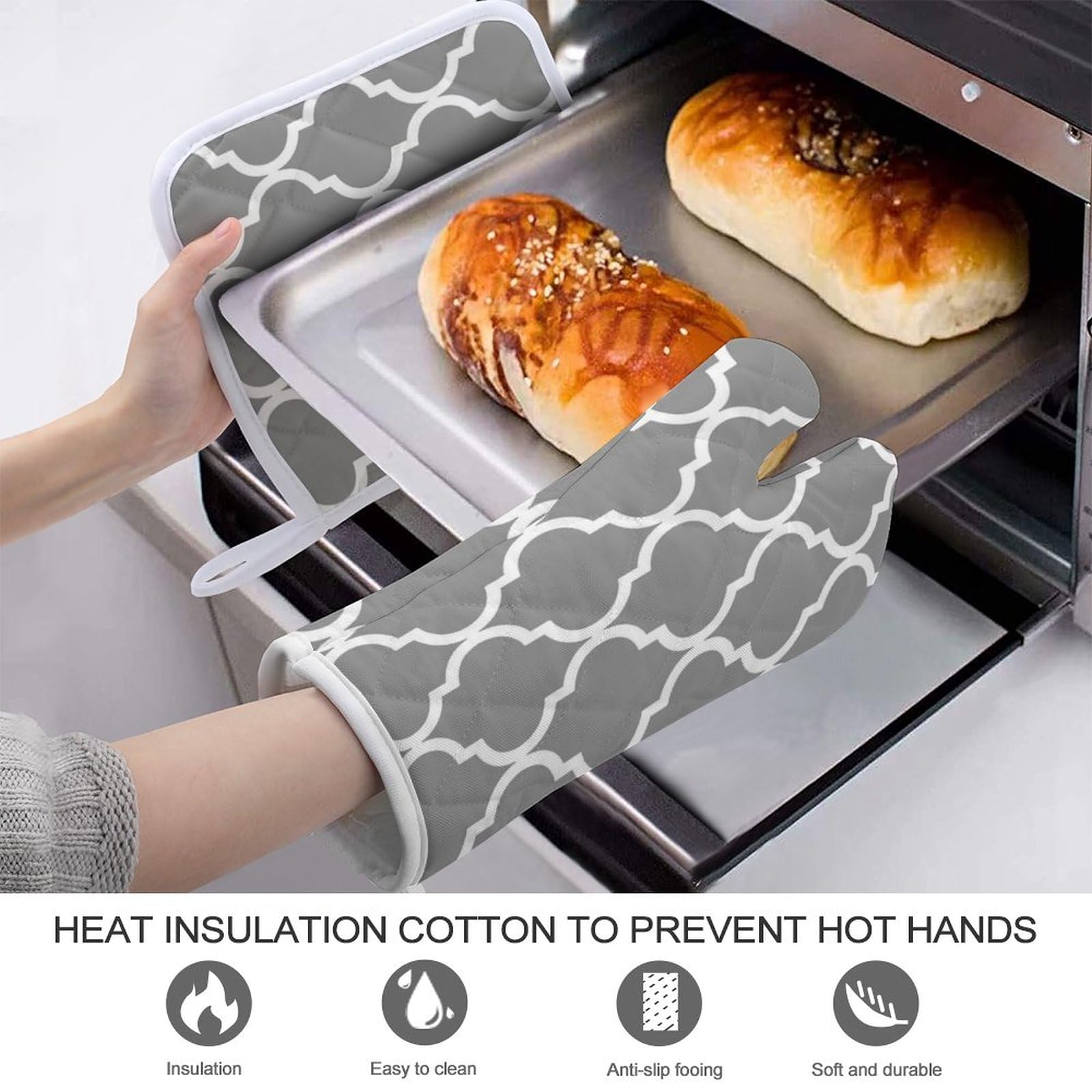 2Pcs Oven Mitts and Pot Holders Set, Classic Quatrefoil Pattern Grey and White Oven Mitts Gloves Set Heat Resistant Hot Pads for Kitchen Cooking Grill