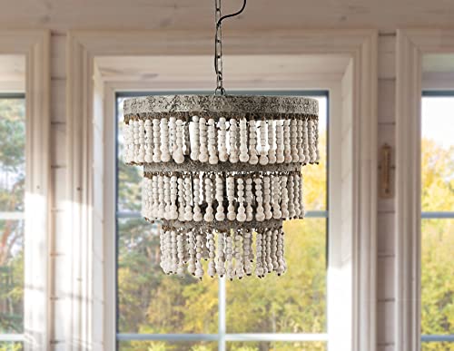 Creative Co-Op Metal & Wood Beaded Chandelier, 20.5" Round by 20" Height, Off- White