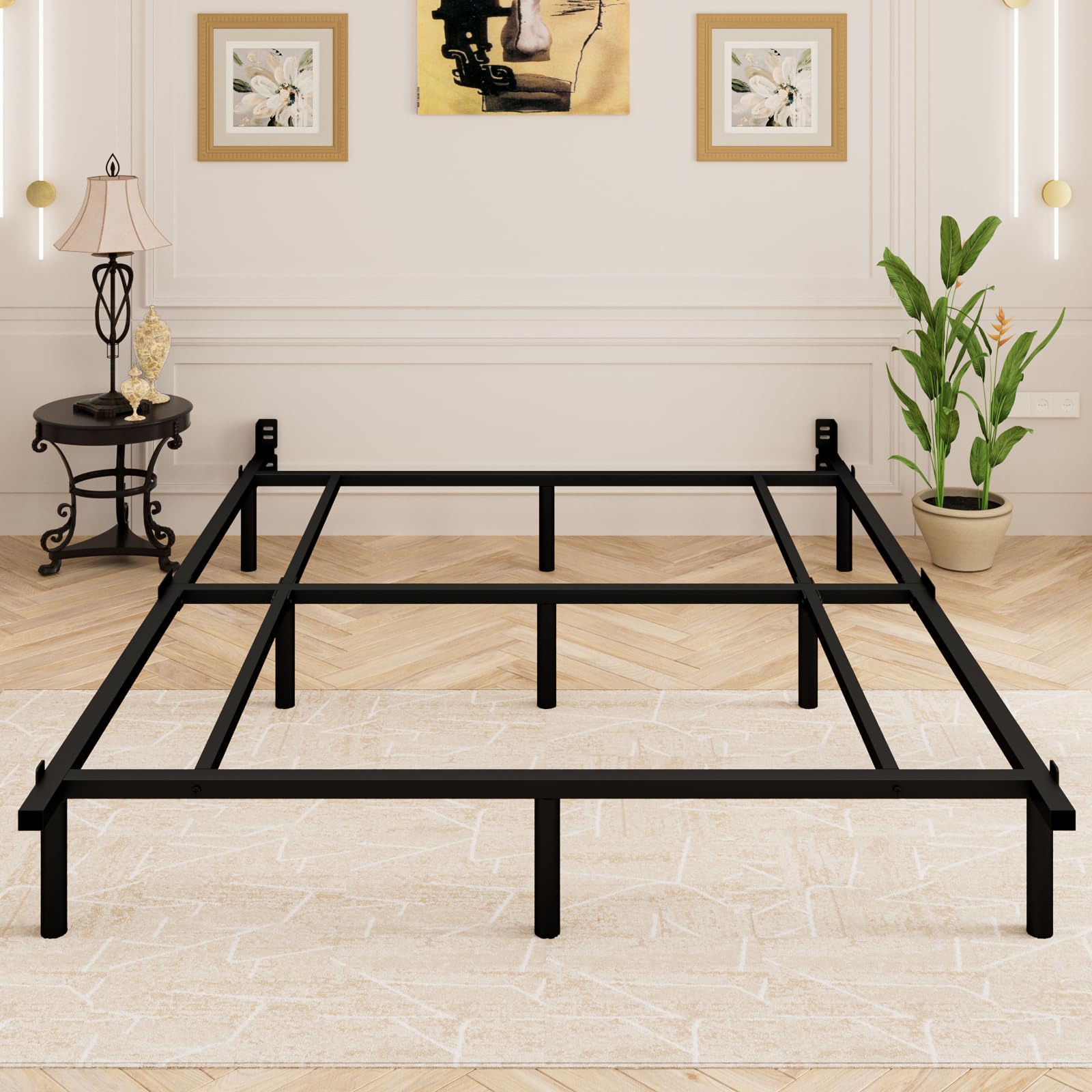 UJUJIA Queen Bed Frame, 7 Inch Low Heavy Duty Metal Platform Bed Frames Queen Size for Box Spring and Mattress, Easy Assembly, Noise-Free, Adjustable, Black