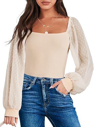 ANRABESS Rompers for Women Sheer Swiss Dot Puff Sleeve Square Neck Bodysuit Fall Casual Long Sleeve Dressy Leotard Top 1071xingse-L