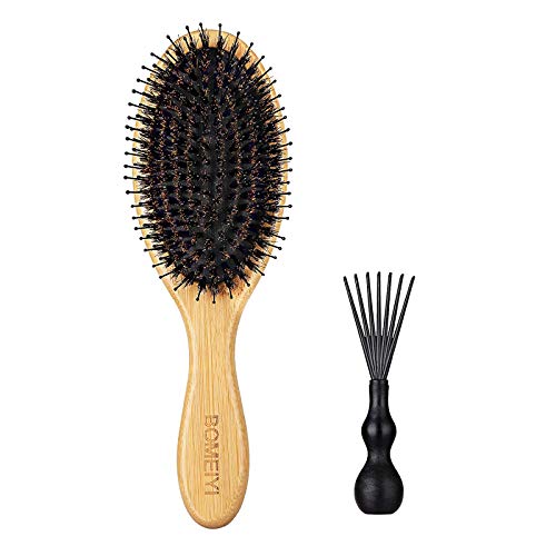 Natural Boar Bristle Wooden Bamboo Paddle Brush - Best Detangler for Women & Men's Curly and Thick Hair, Anti-Static, Reduces Hair Breakage