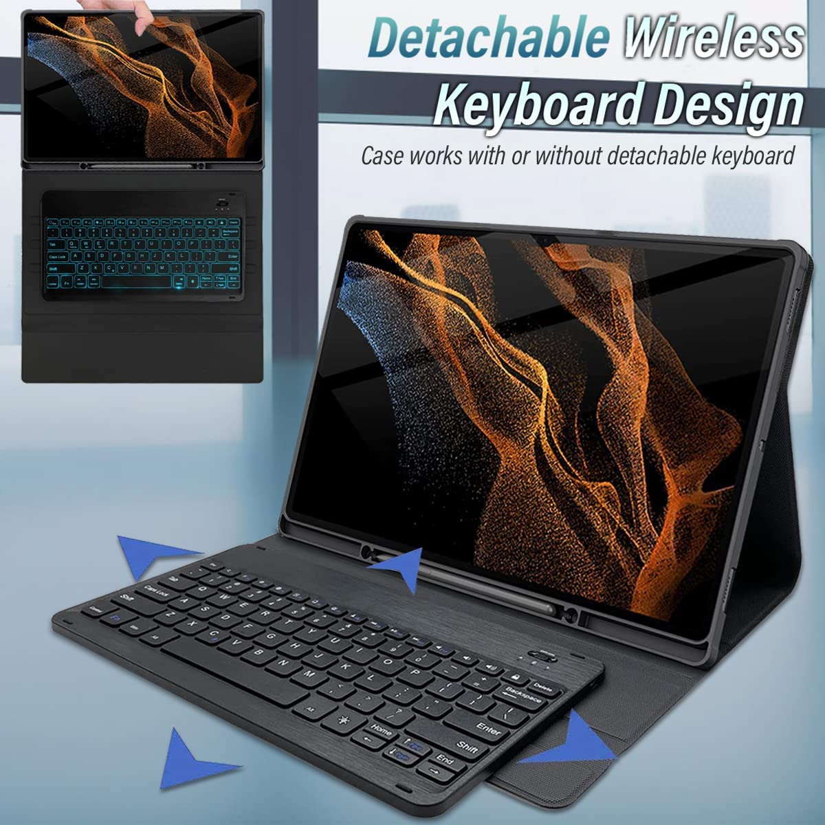 Wineecy Backlit Keyboard Case for Samsung Galaxy Tab S8 Ultra 14.6 Inch 2022(SM-X900/SM-X906), 7 Colors Backlight Detachable Wireless Keyboard & PU Folio Stand Cover Case for Tab S8 Ultra (Black)