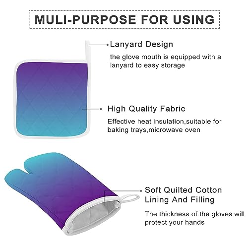 2Pcs Oven Mitts and Pot Holders Set, Simple Gradient Turquoise Blue Purple Oven Mitts Gloves Set Heat Resistant Hot Pads for Kitchen Cooking Grill