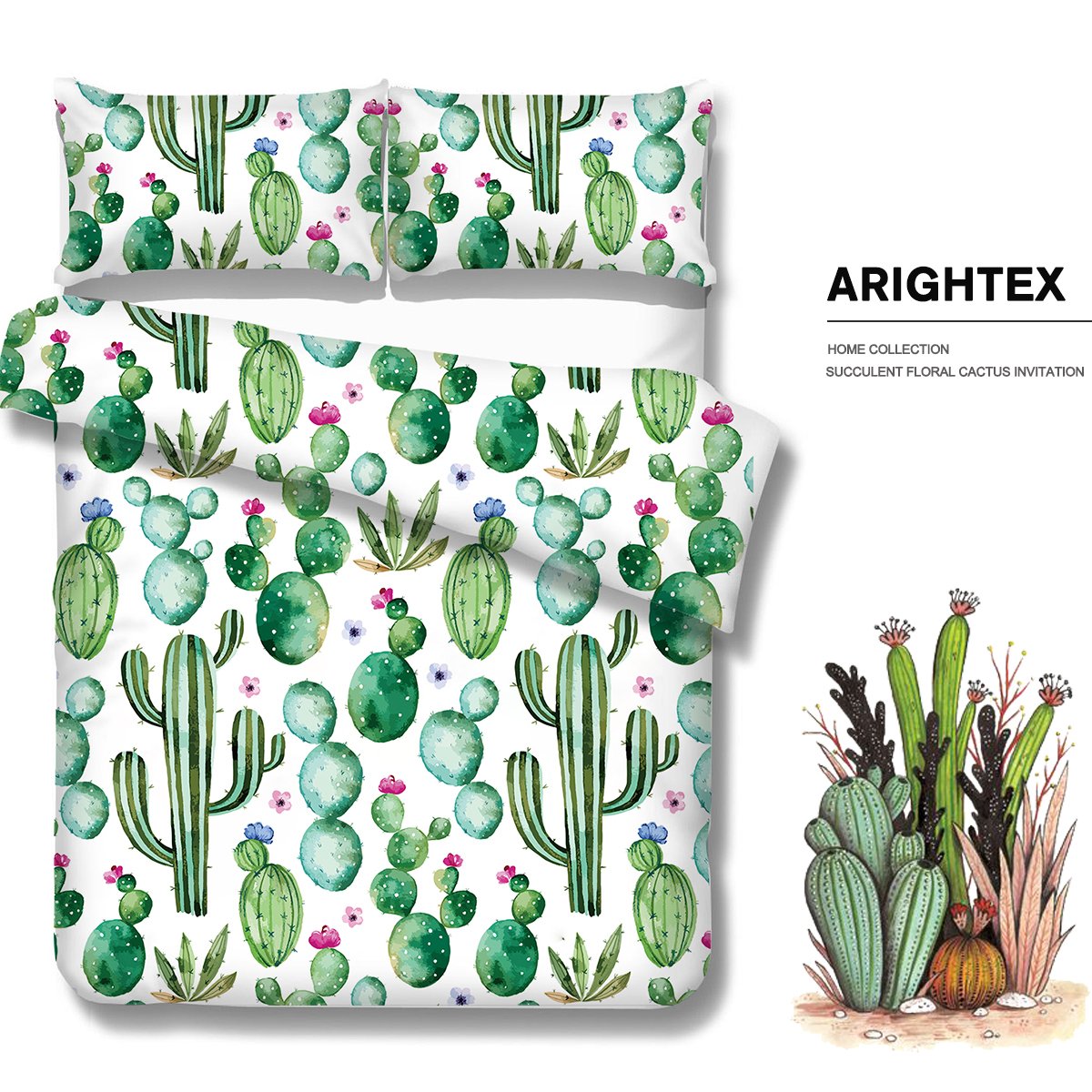 ARIGHTEX Cactus Bedding Cactus Duvet Cover Summer Plant Bed Set Nature Duvet Cover Set Bright Dorm Bedding (Full)