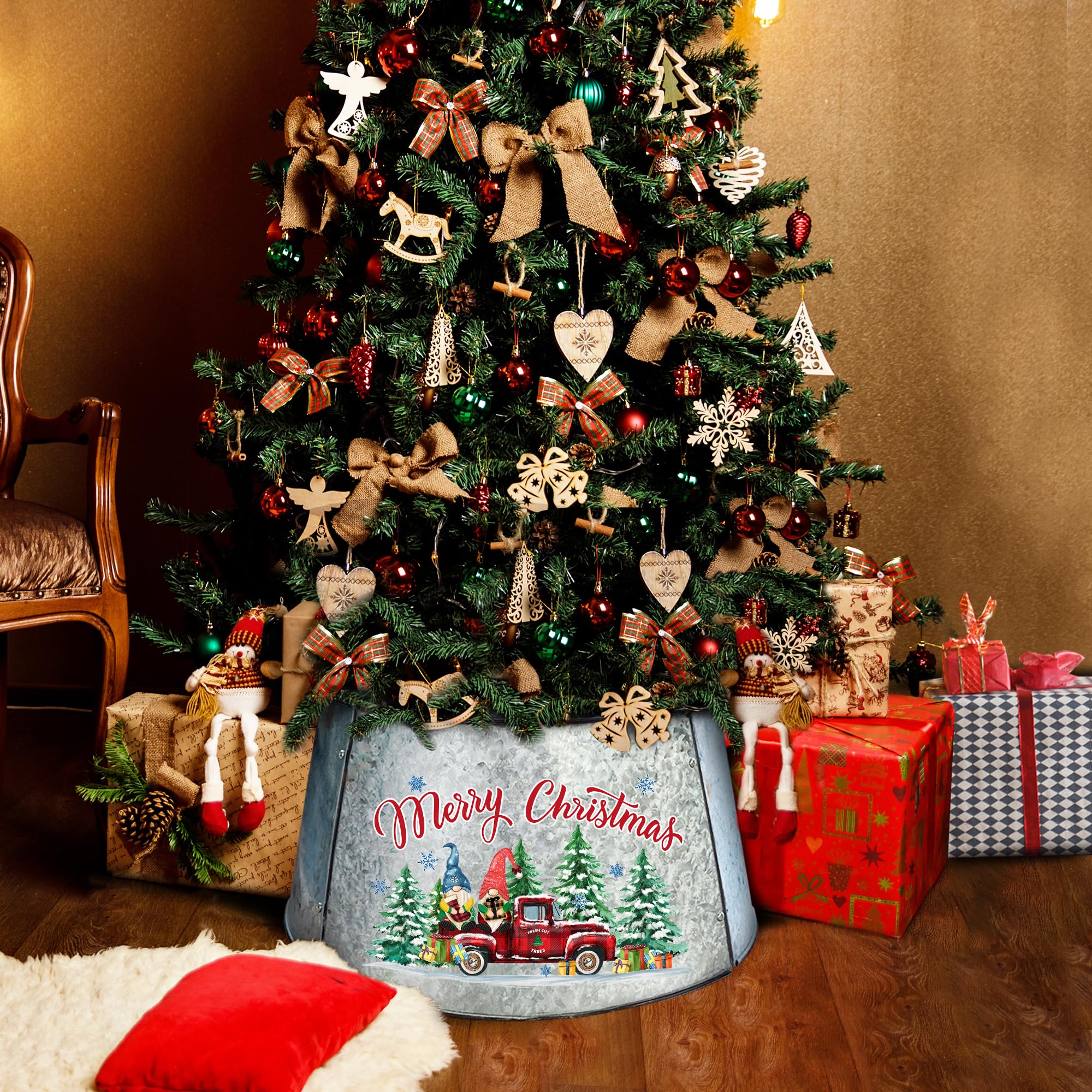 29-Inch Red Metal Christmas Tree Collar - Galvanized Base for Artificial Trees