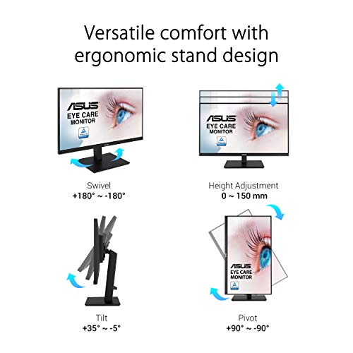 ASUS VA27DQSB 27β Monitor, 1080P Full HD, 75Hz, IPS, Adaptive-Sync, Eye Care, HDMI DisplayPort VGA USB Hub, Frameless, Ergonomic Design, VESA Wall Mountable,BLACK