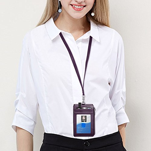 ELV Badge Holder with Zipper, PU Leather ID Badge Card Holder Wallet with 5 Card Slots, 1 Side RFID Blocking Pocket and 20 inch Neck Lanyard Strap for Offices ID, School ID, Driver Licence (Purple)