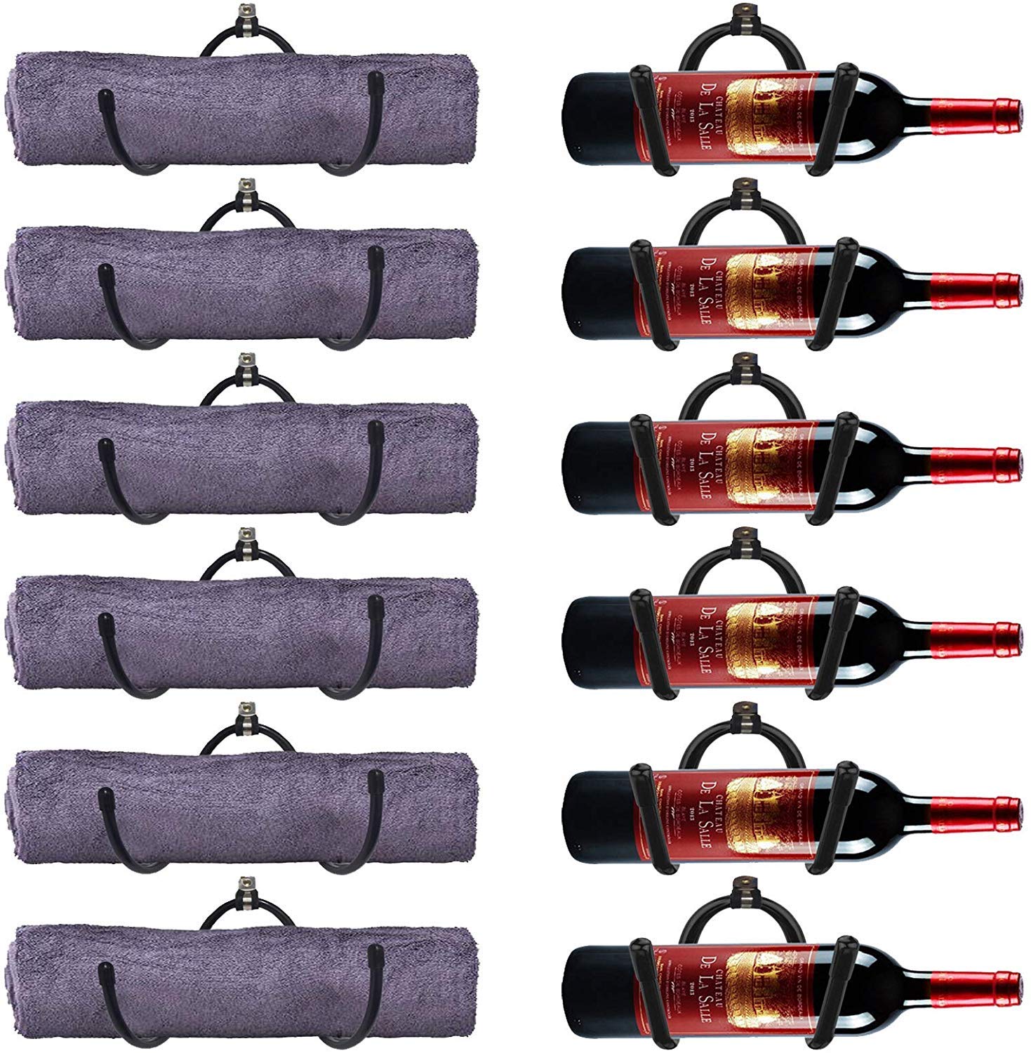 6 Pack—Wall Mount Wine/Towel Rack,Wall Mounted Flexible Adjustable Metal Wine Bottle & Glass Rack Holder | Home & Kitchen Décor | Storage Rack | Wall Mounted Shelves — Rubber protection (No scratches)