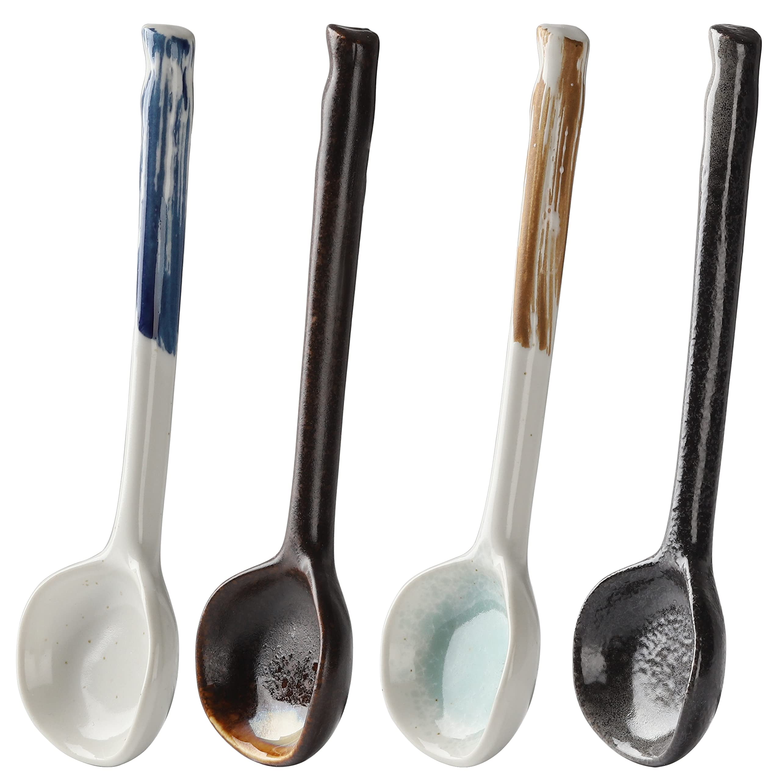 4pcs Japanese Ramen Soup Spoons Ceramic Asian Soup Spoons Retro Korean Style Tablespoon Rice Noodles Dinner Serving Spoon Ladles for Pho Miso Cereal Sauce Gravy Condiment (Style 1)